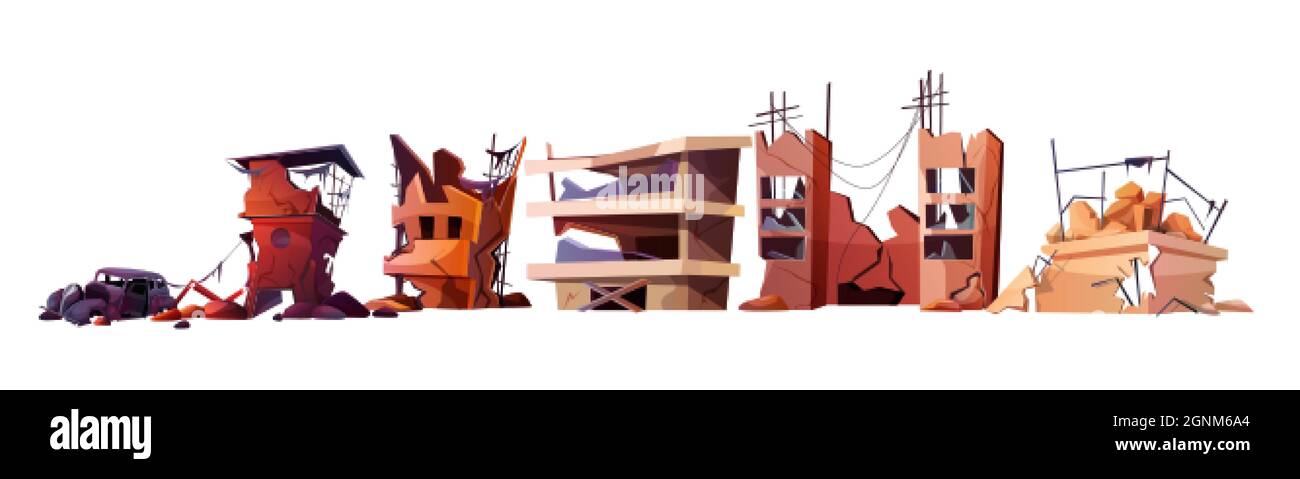 Set of cartoon ruined abandoned houses and car. Destroyed city ...