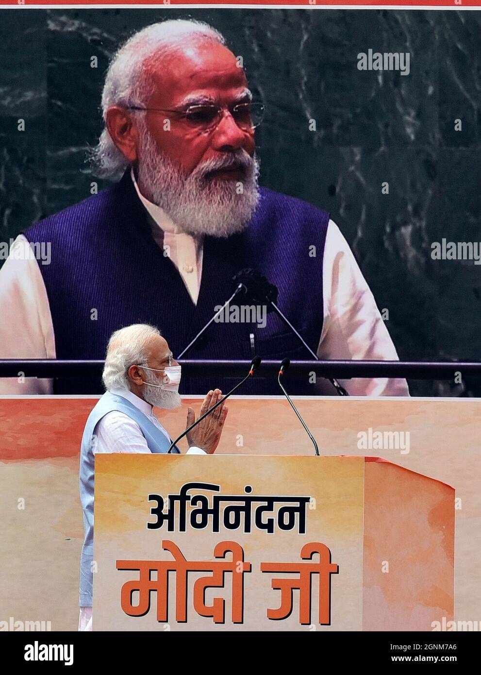 NEW DELHI, INDIA - SEPTEMBER 26: Prime Minister Narendra Modi gestures while addressing the ...