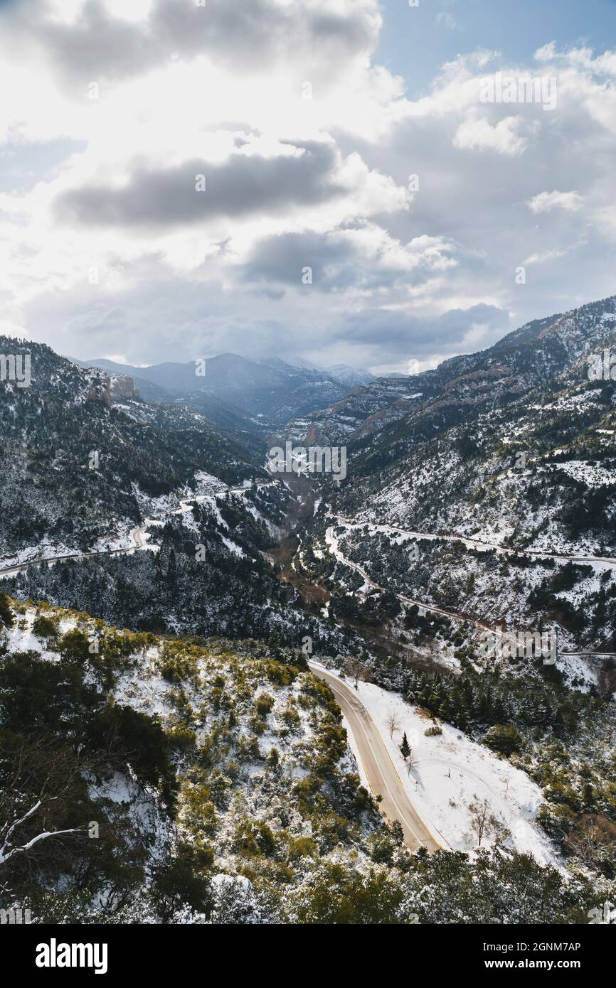 Aerial view at Vouraikos gorge with Diakopto-Kalavryta rack railway ...