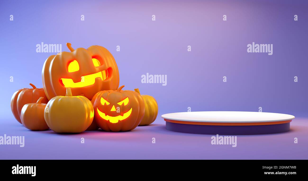 Minimalist Halloween platform with pumpkins on purple background for ...