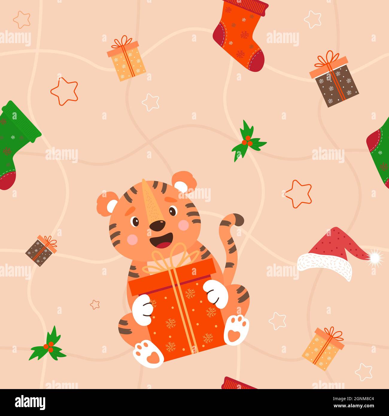 Seamless pattern with tiger and New Years decor. Cute animal with big ...