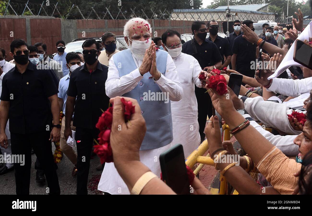 NEW DELHI, INDIA - SEPTEMBER 26: Prime Minister Narendra Modi received grand welcome by party ...