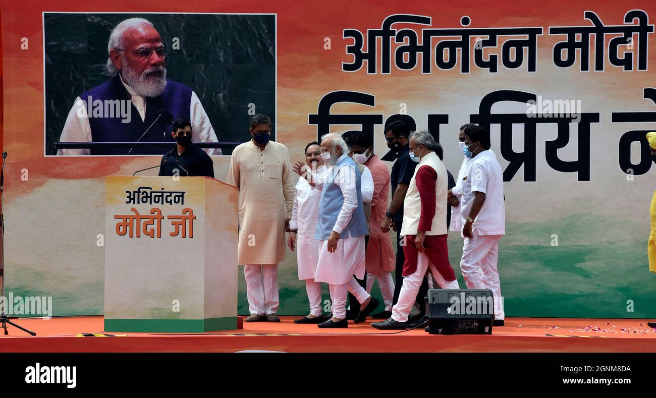 NEW DELHI, INDIA - SEPTEMBER 26: Prime Minister Narendra Modi ahead of addressing the gathering ...