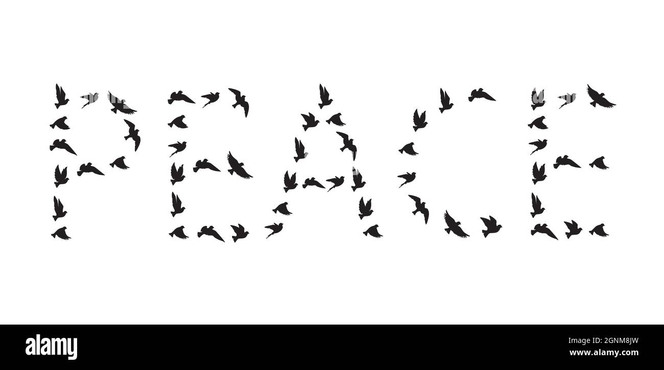 Flying birds silhouettes in shape of word peace isolated on white ...