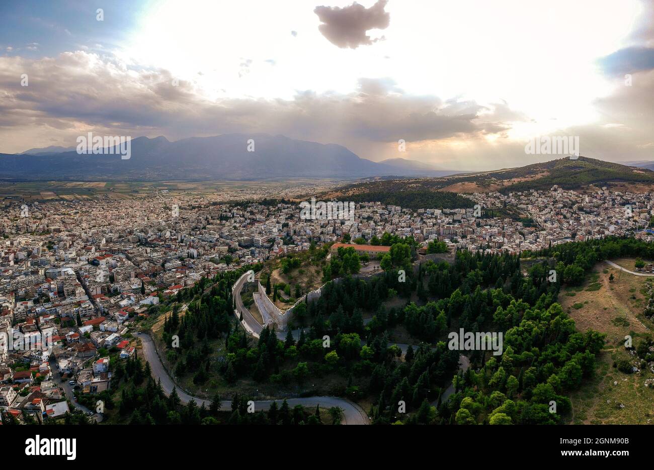 Aerial panoramic view over the city of Lamia, Greece. Centered the ...