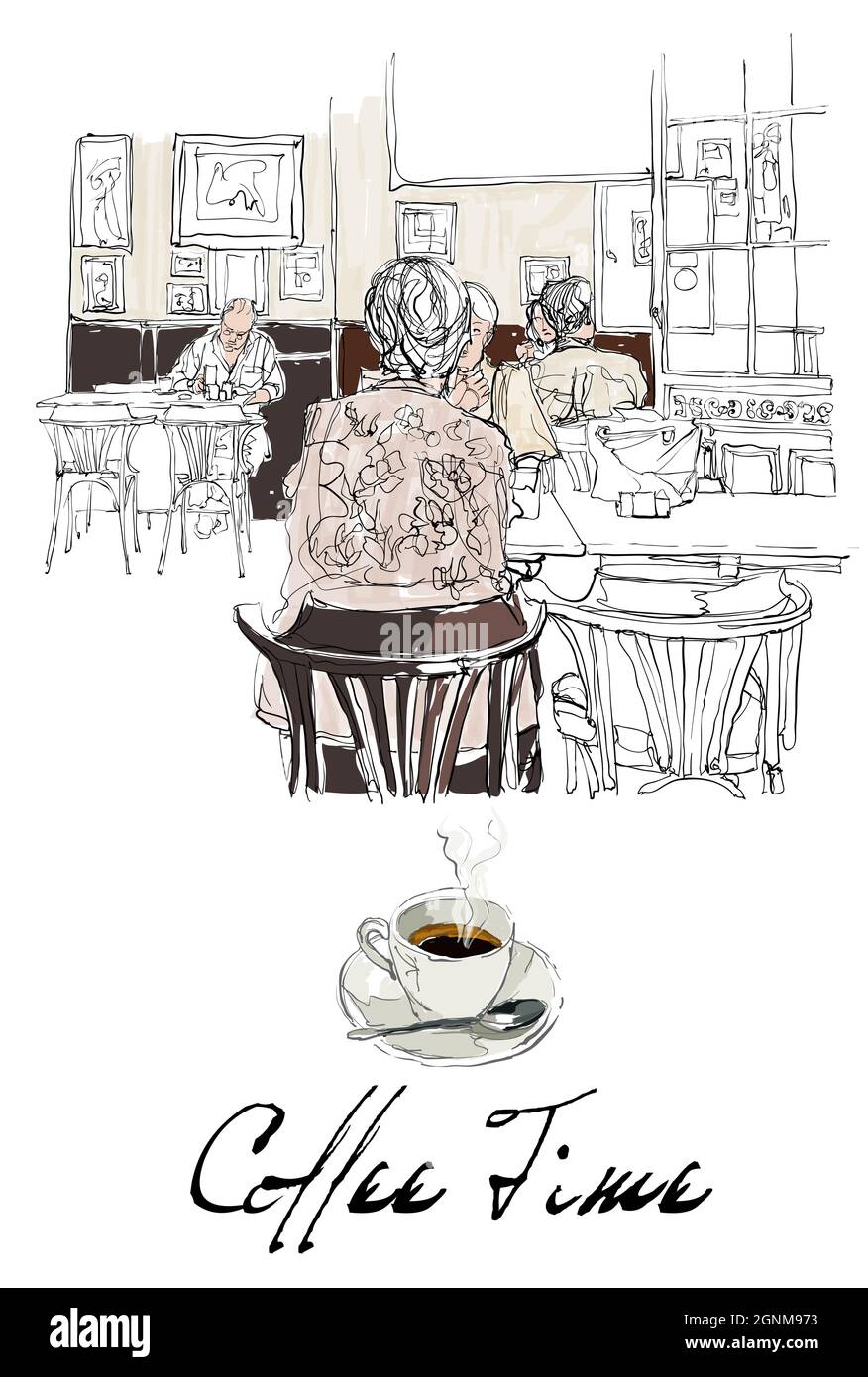 Drawing and watercolor showing people having coffee in a cafe - vector ...