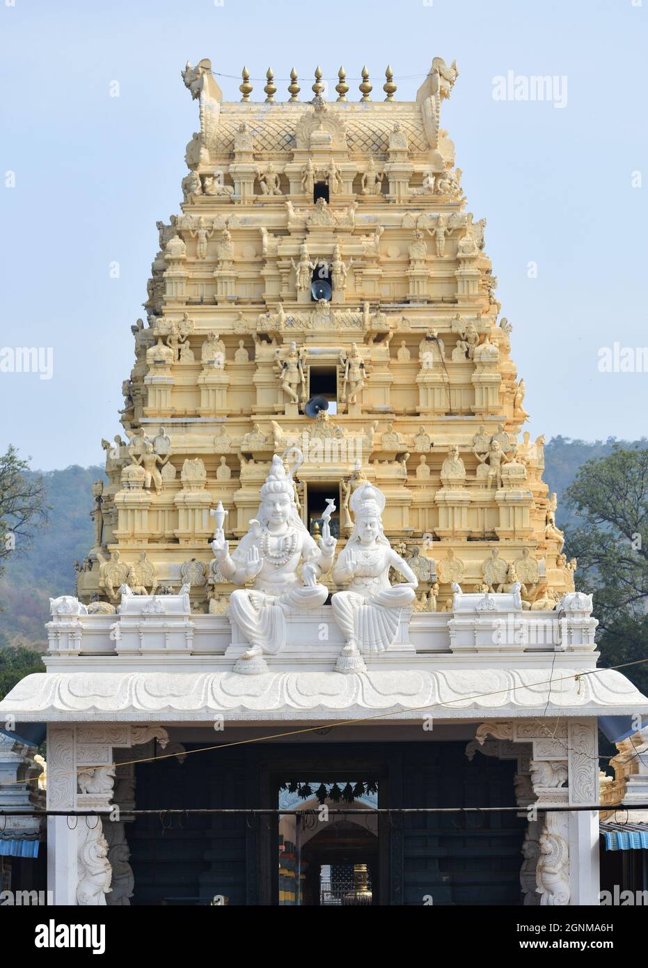 A vertical shot of two white Indian statues in Mahanandeswara Swamy ...