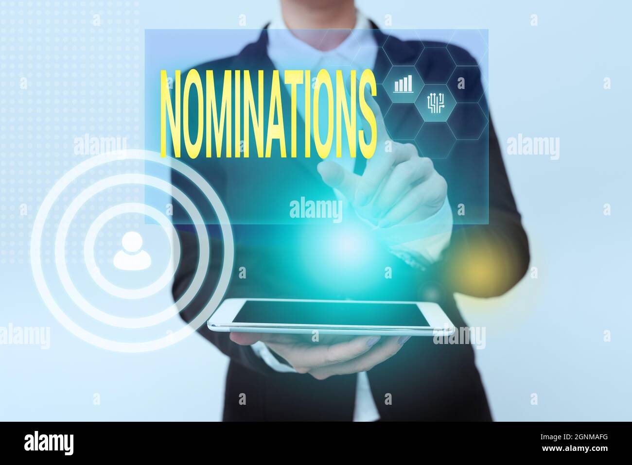 Text caption presenting Nominations. Word Written on action of ...