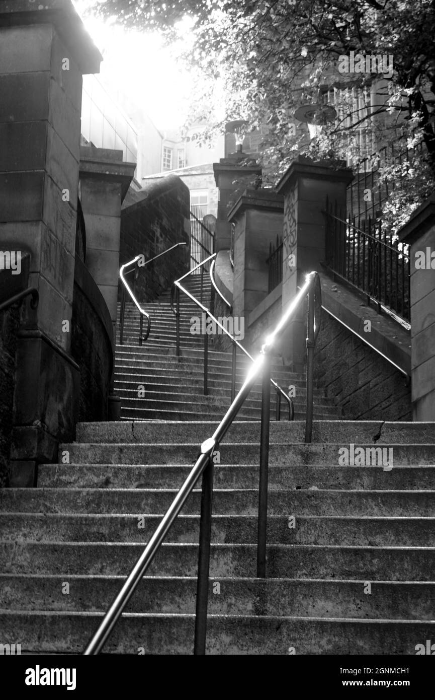 The News Steps, Edinburgh, sun shining on the rails Stock Photo - Alamy