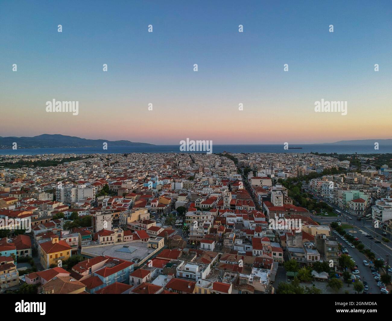 Aerial view around the old historical town of the seaside Kalamata city ...