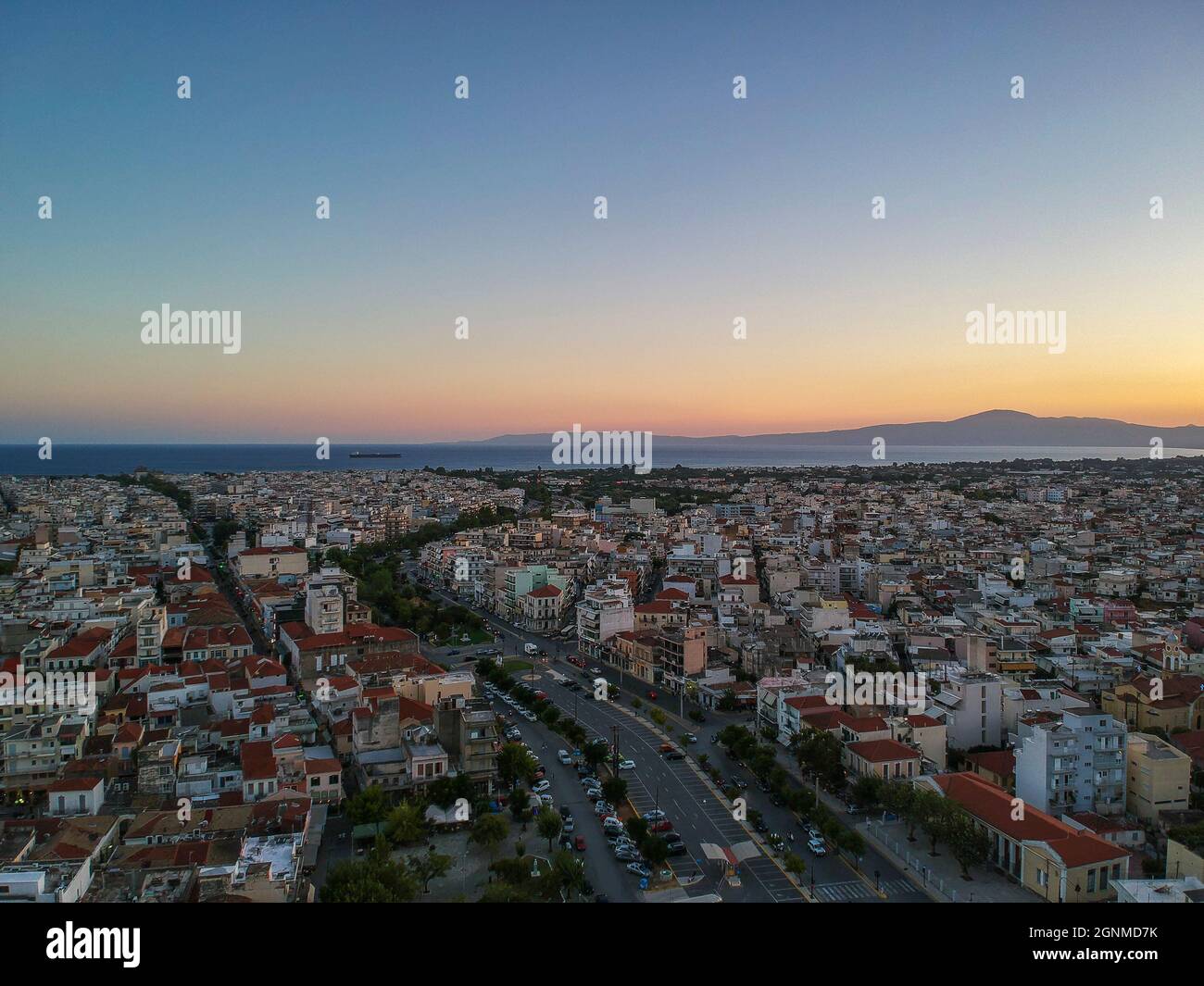 Aerial view around the old historical town of the seaside Kalamata city ...