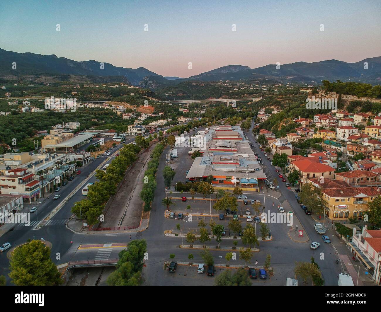 Aerial view around the old historical town of the seaside Kalamata city ...