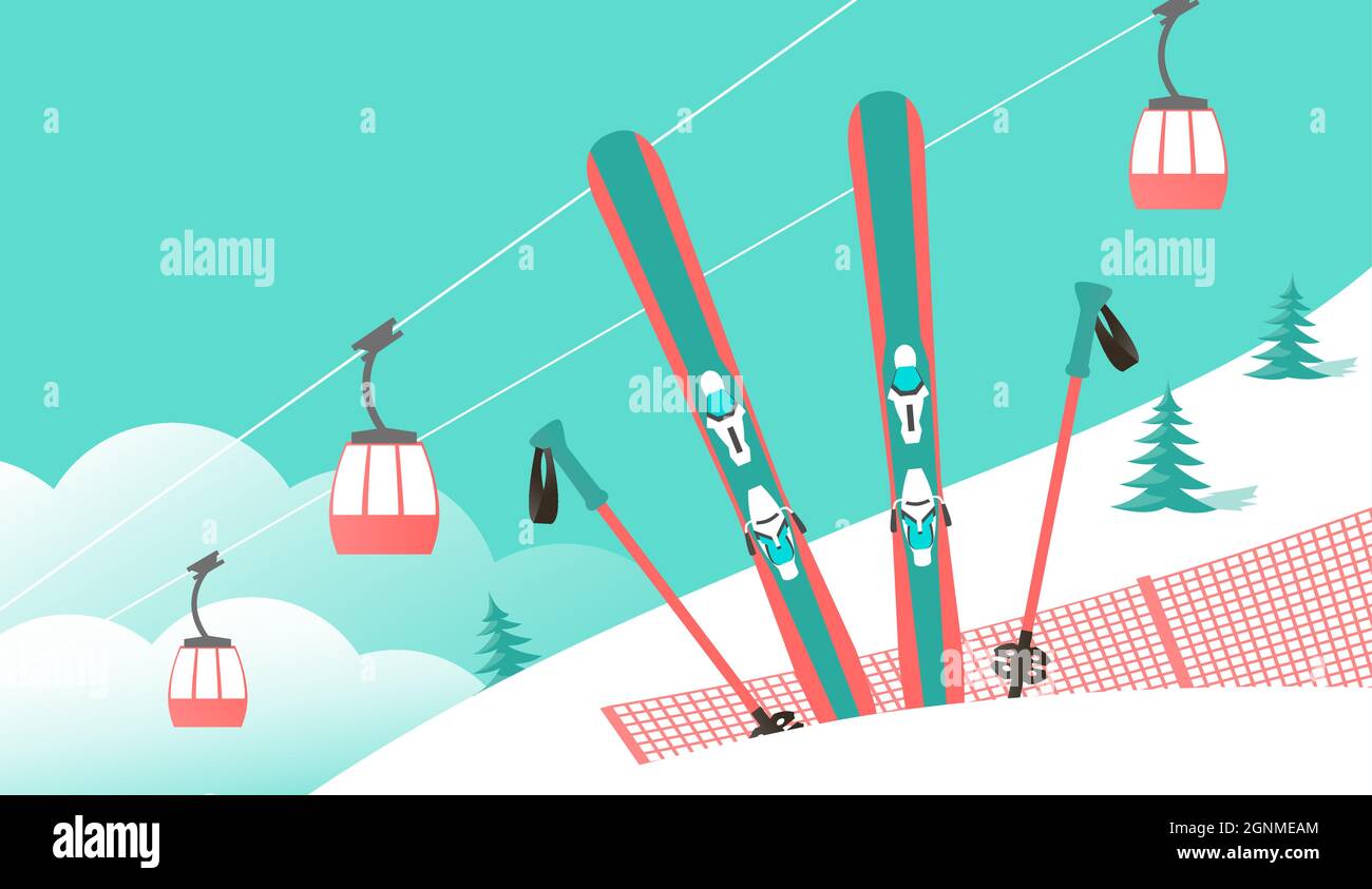 Ski winter resort. Mountain skiing on the top of the mountain. Cable ...