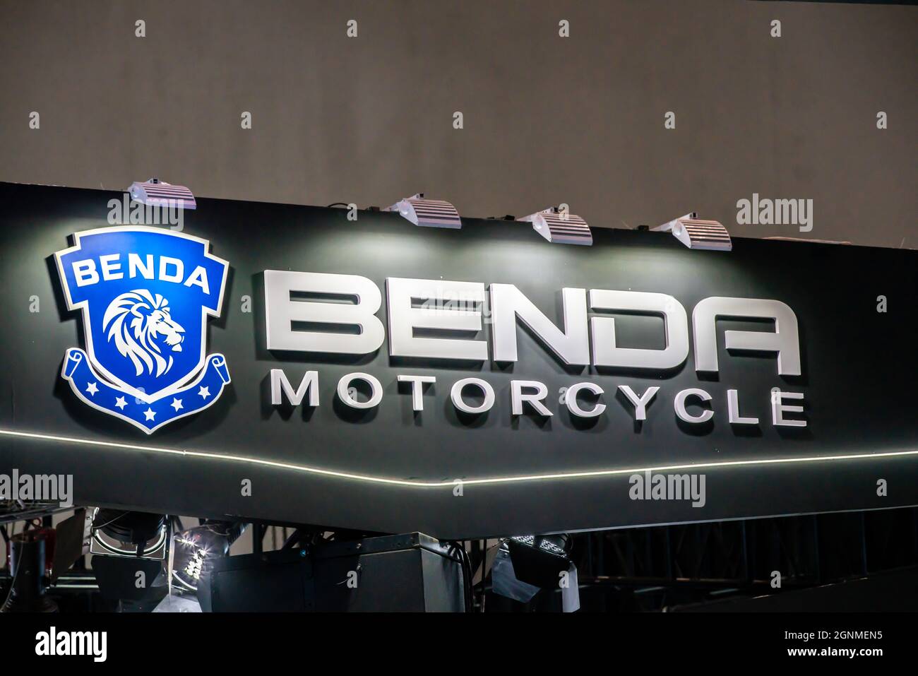 CHONGQING, CHINA - Sep 19, 2020: The Benda Motorcycle logo at a product ...