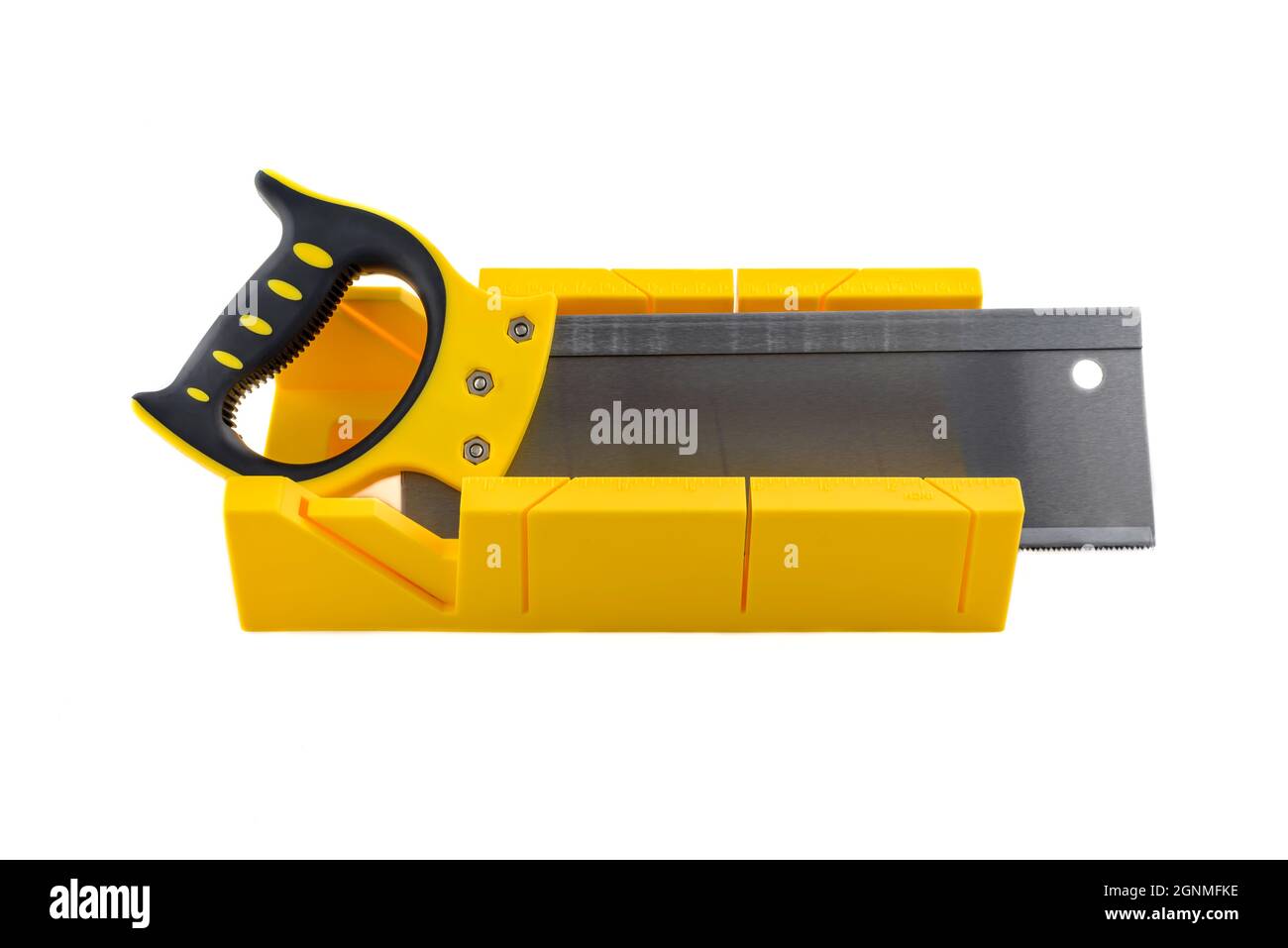 Construction tool - miter saw with miter box isolated on a white ...