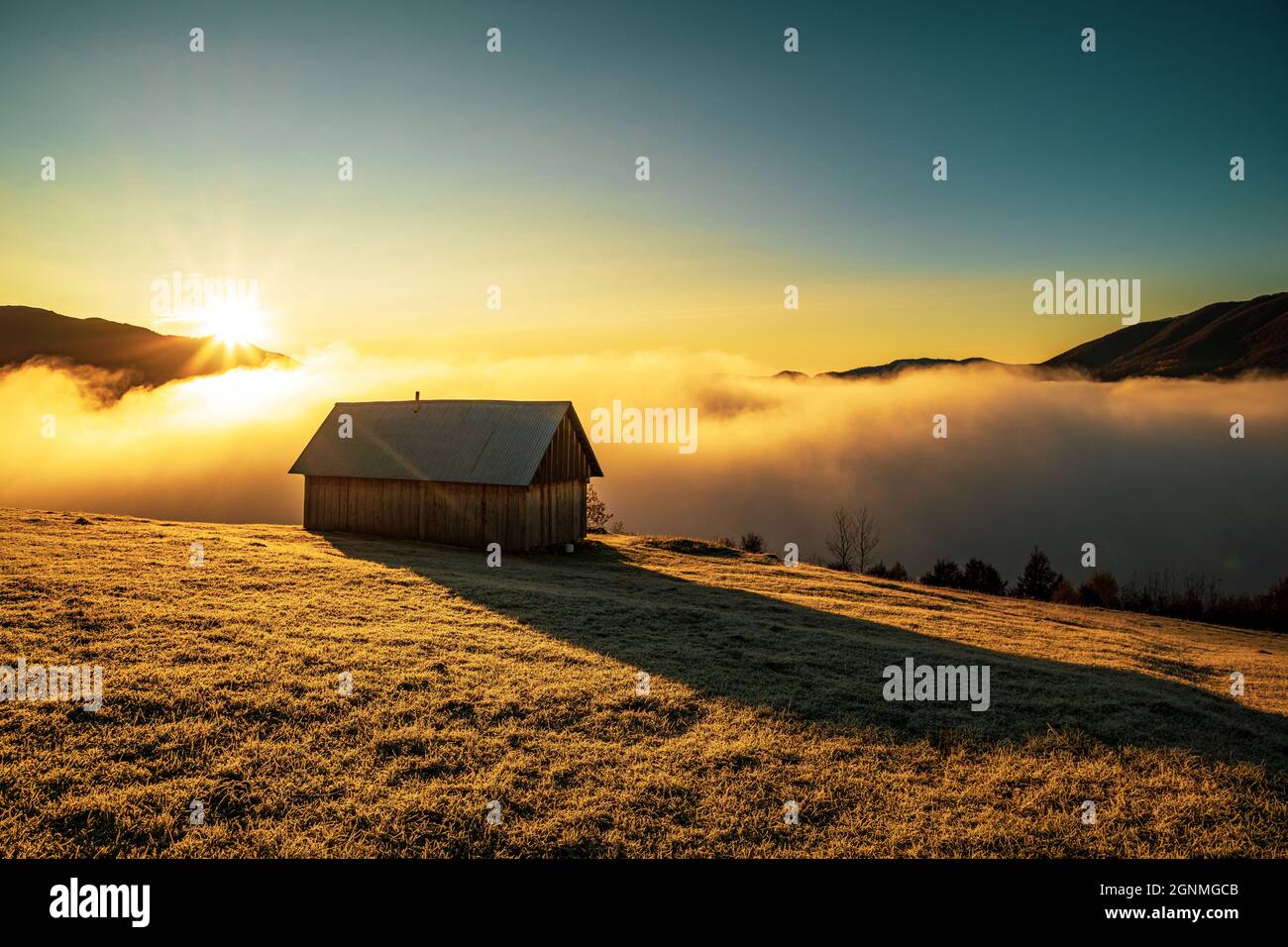 A lonely house stands in a clearing against the backdrop of a beautiful ...