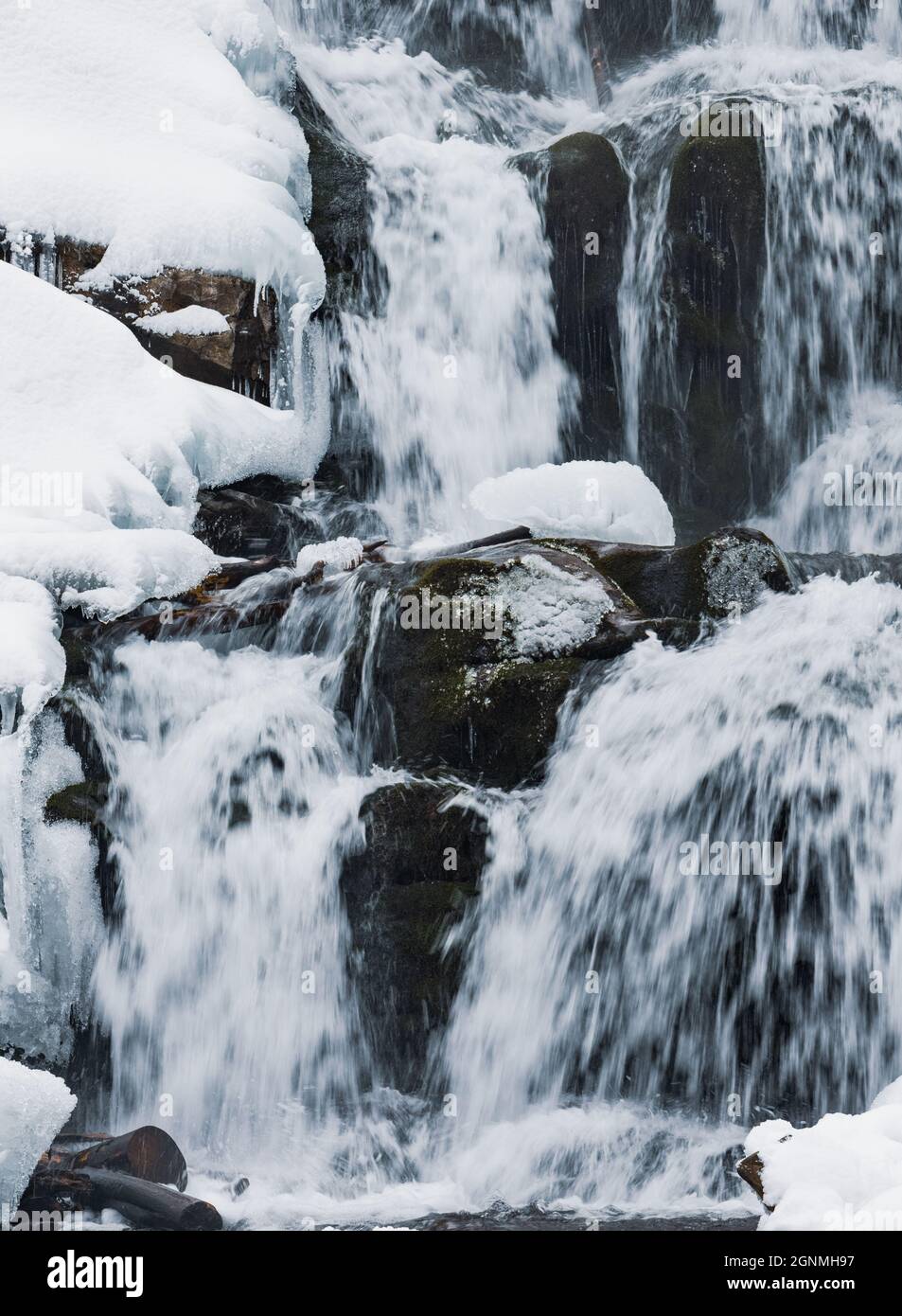 Small waterfall of cold water flow among the stones covered with snow ...