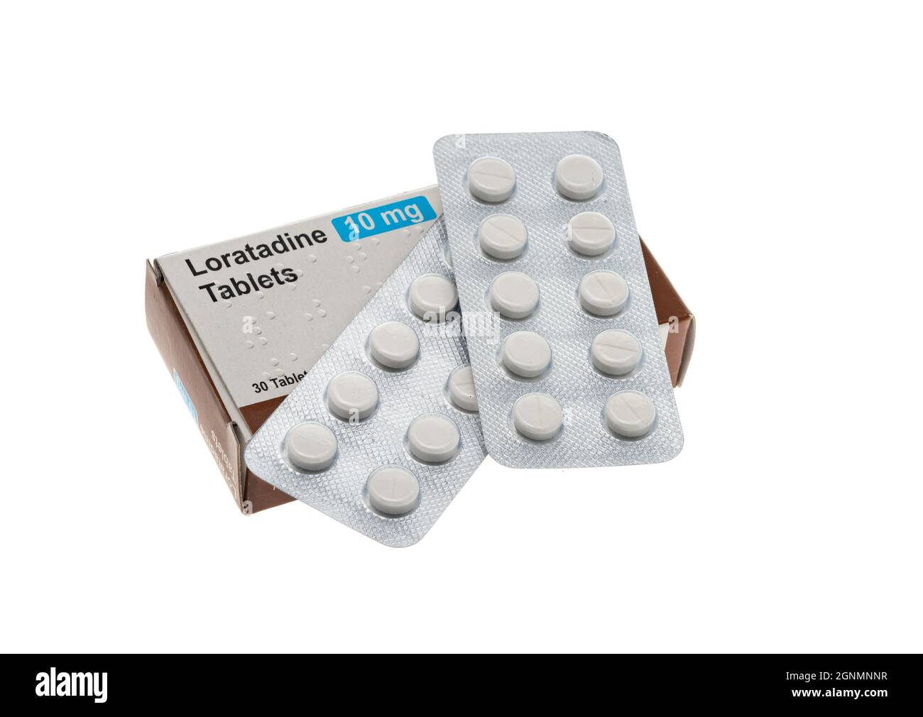 A generic box of Loratadine or allergy relief pills - white background ...