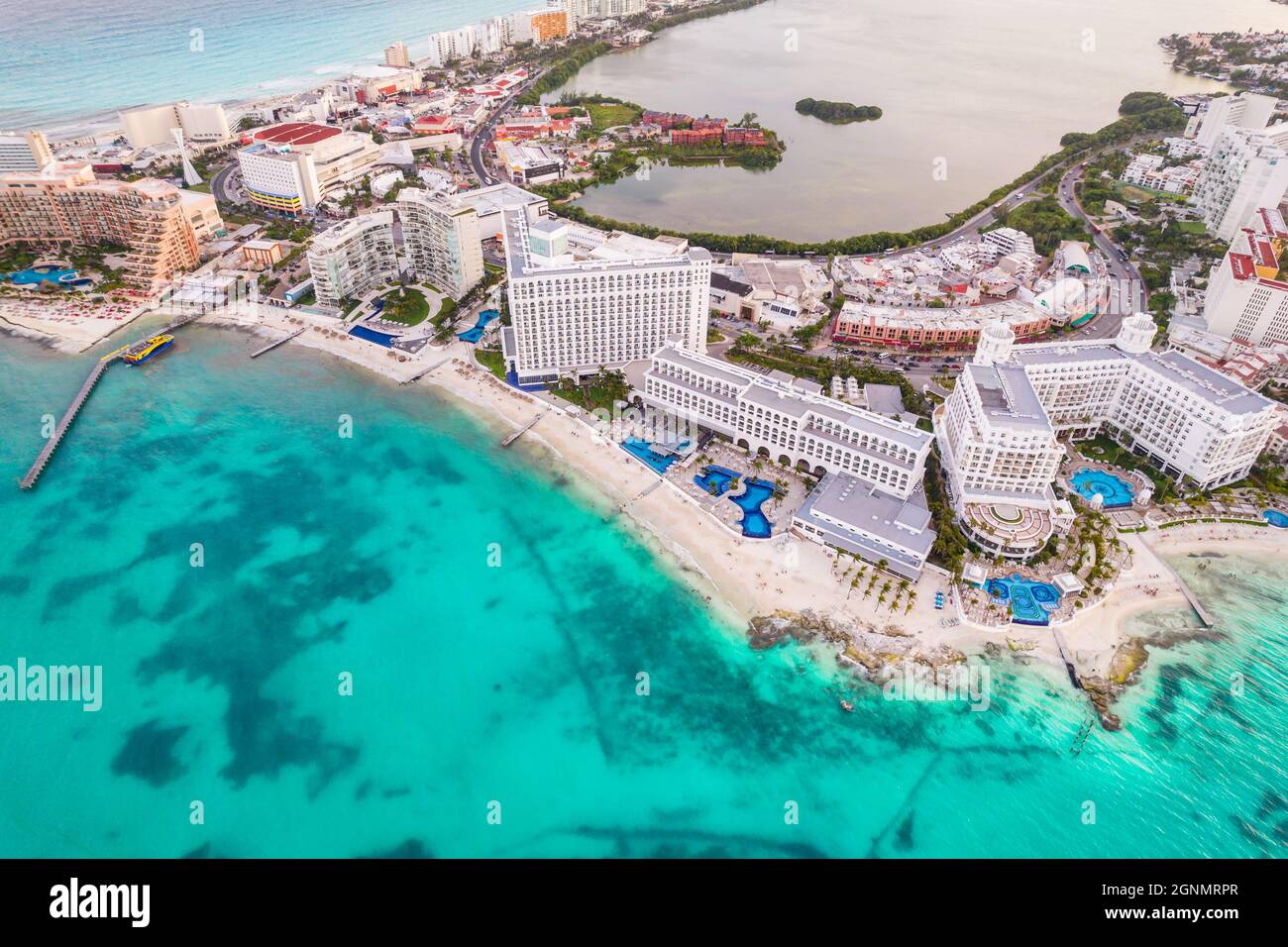 Aerial panoramic view of Cancun beach and city hotel zone in Mexico ...