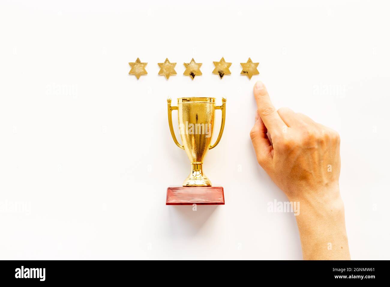 Five stars rating and winner trophy cup. Award and success concept ...