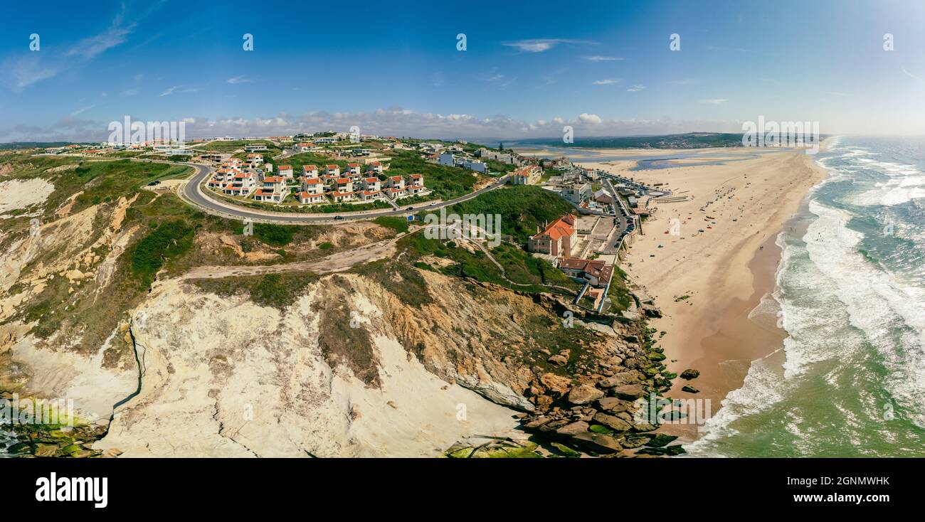 Aerial panoramic view of Foz do Arelho beach during summer, Portugal ...