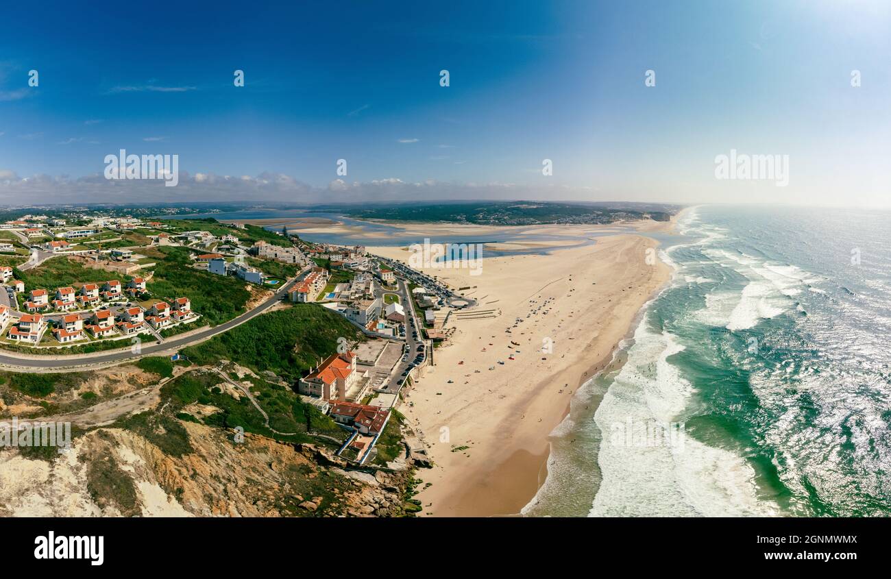 Aerial panoramic view of Foz do Arelho beach during summer, Portugal ...