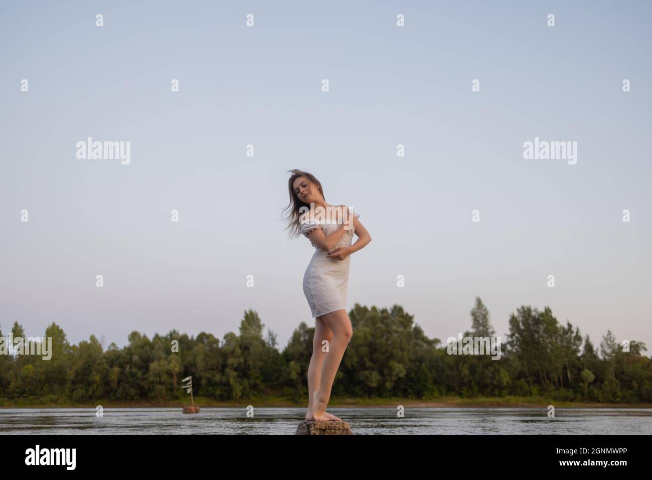 Outdoors fashion photo of beautiful bohemian lady at river Stock Photo ...