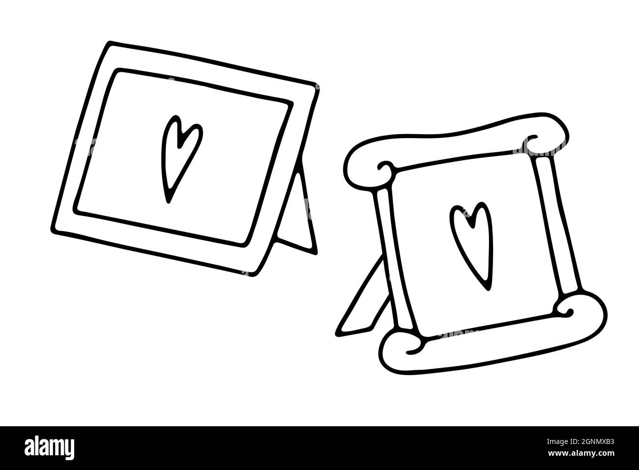 Doodle Photo Frame with hearts set. Hand-drawn outline cards isolated ...