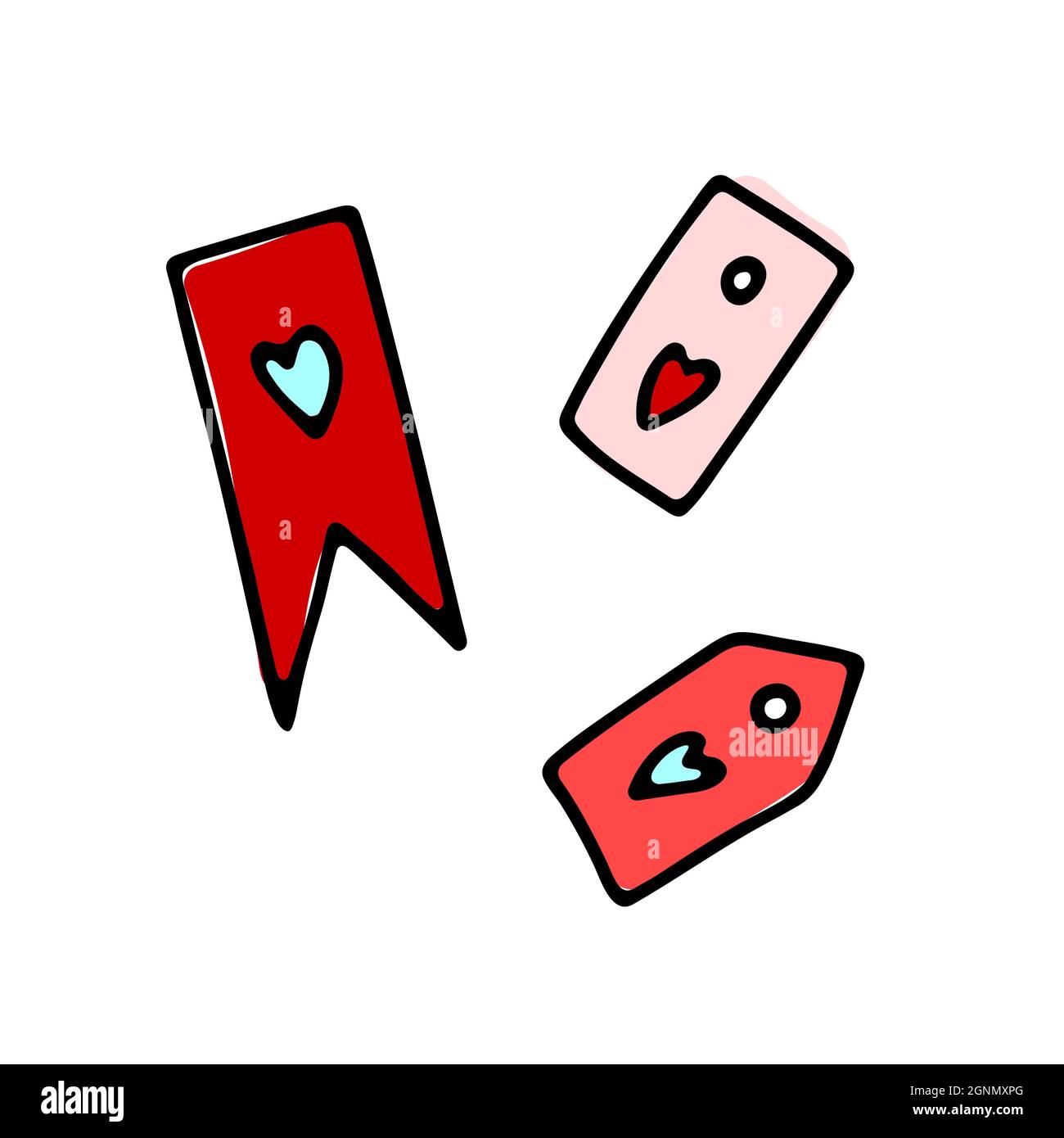 Doodle labels with hearts set. Hand-drawn color cards isolated on white ...