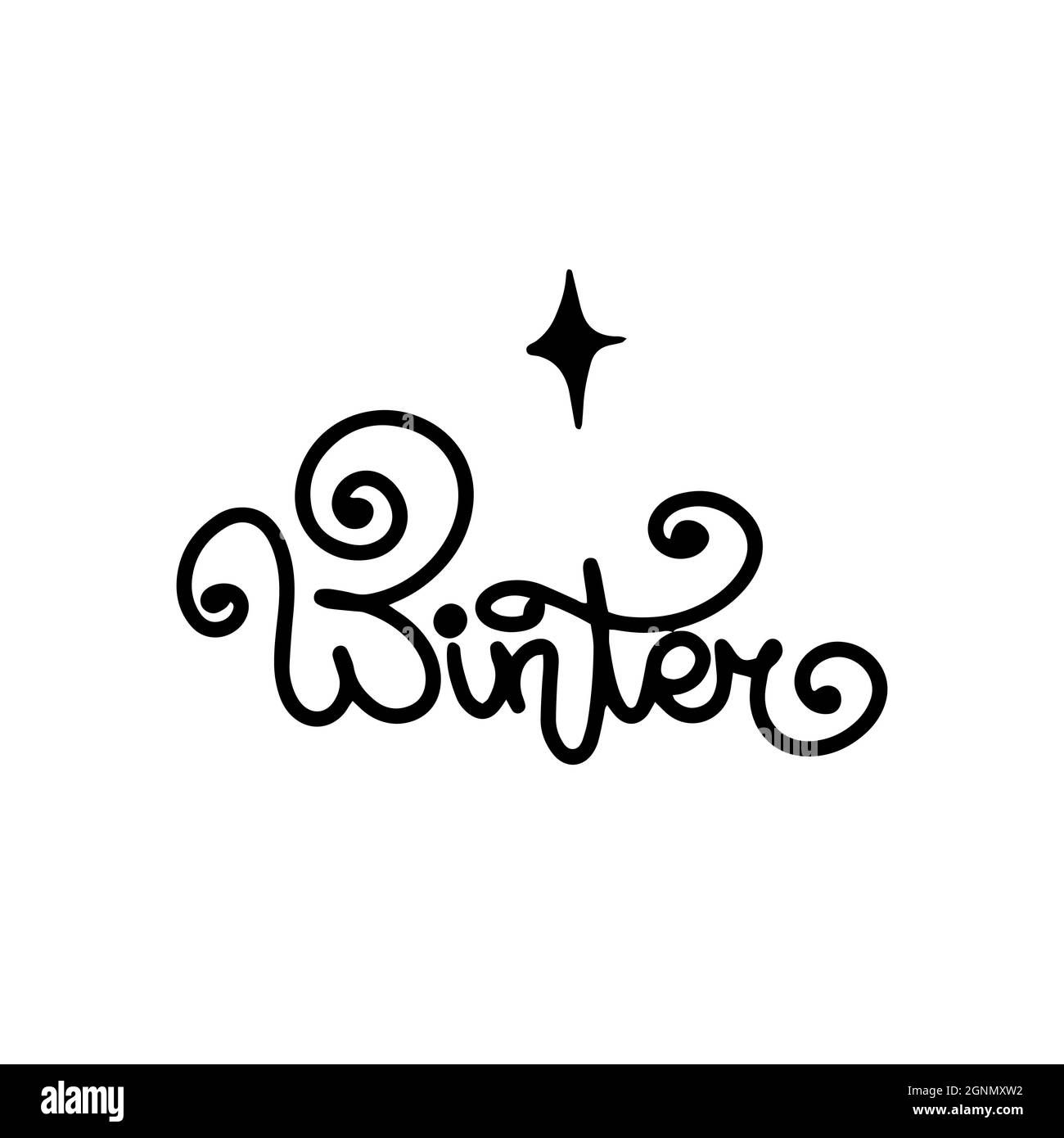 Hand written Winter lettering text with star on white background. Black ...