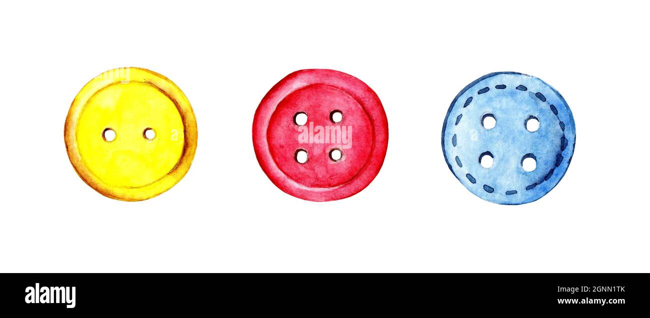 Watercolor illustration set of buttons for clothes, yellow, red, blue ...