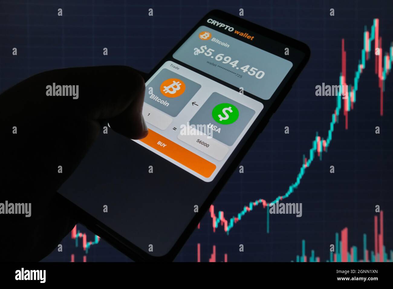 A man buys bitcoins in a mobile application. Smartphone with mobile ...