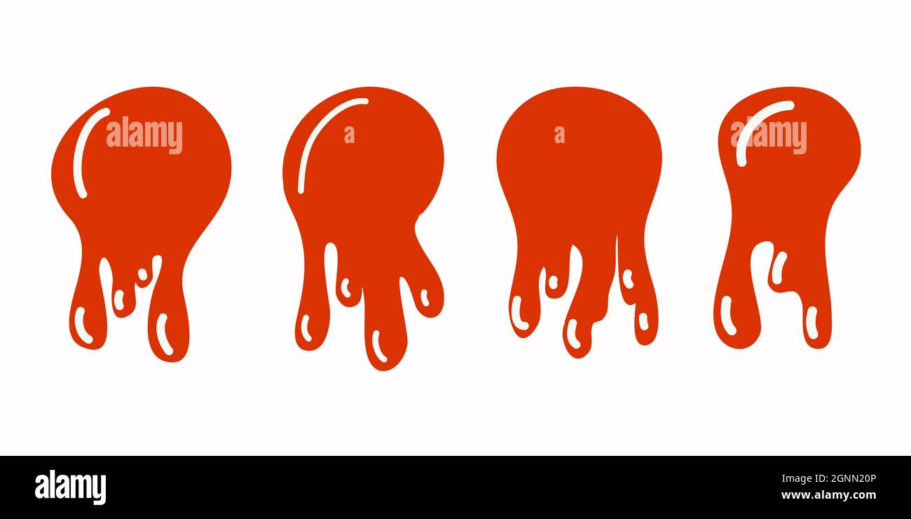 Set of stain of flowing paint with drops, blot of smudges of red paint ...