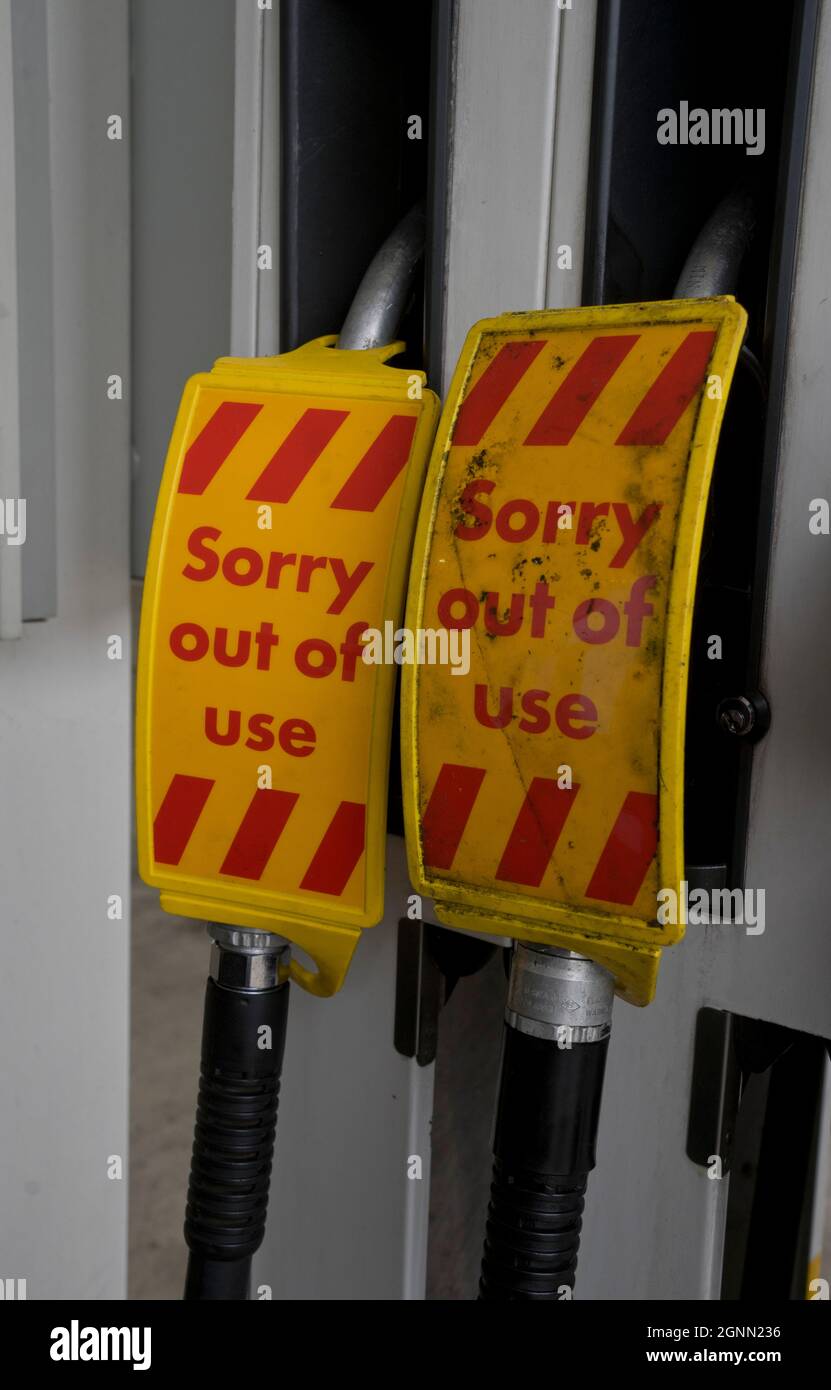 Empty petrol pumps at fuel station due to crisis shortage of HGV ...