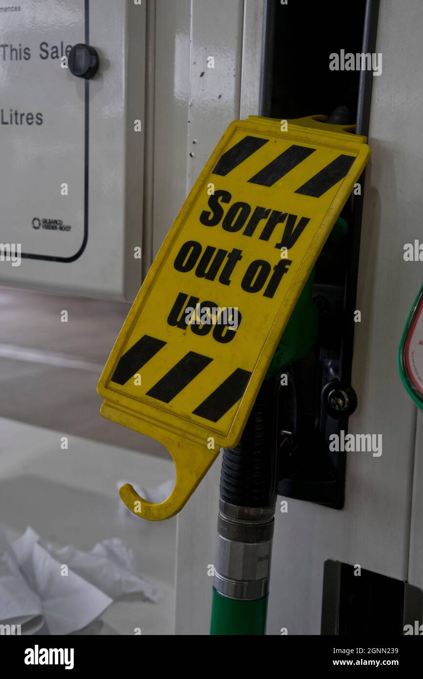 Empty petrol pumps at fuel station due to crisis shortage of HGV ...
