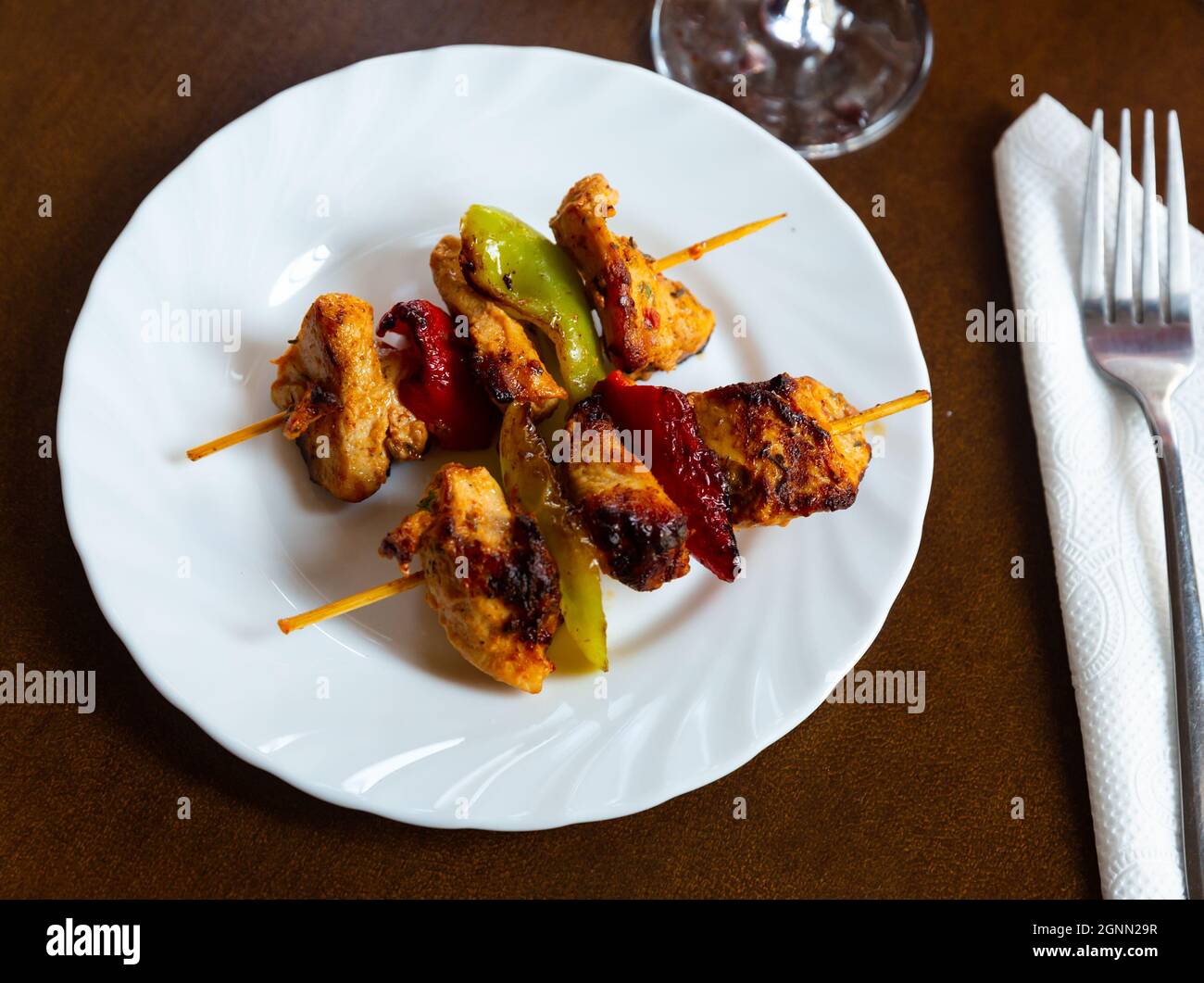 Chicken shashlik, grilled meat skewers with vegetables Stock Photo - Alamy