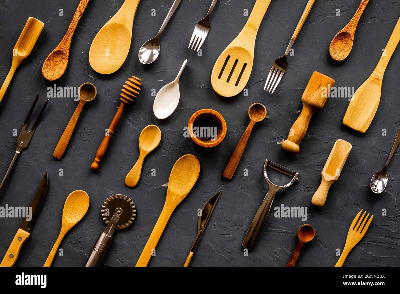 Food cooking background with kitchen utensils and cookware Stock Photo ...