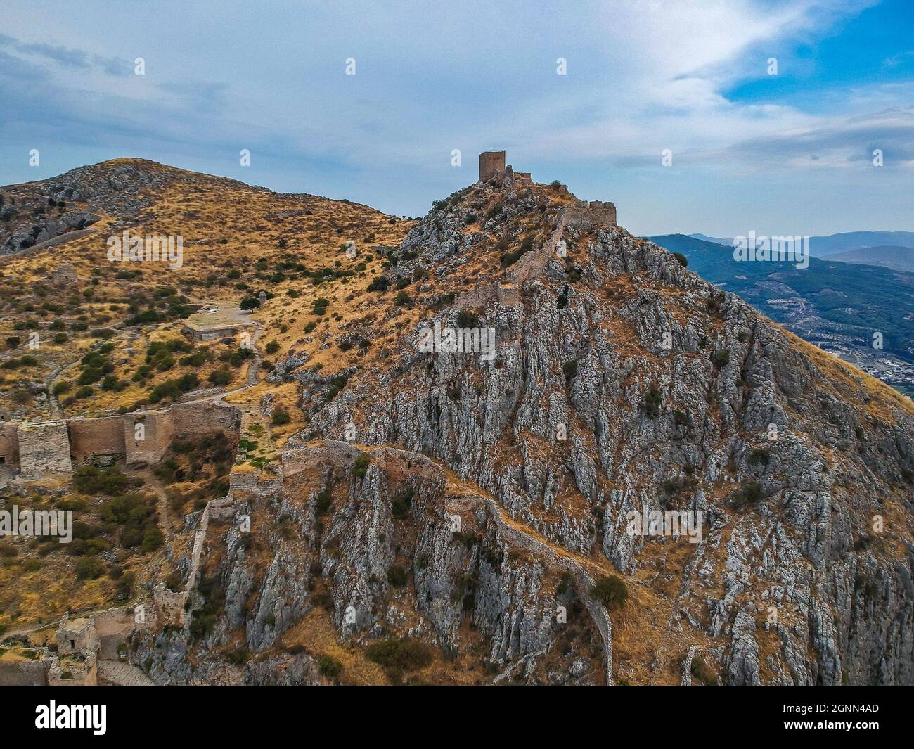 Aerial view of Acrocorinth "Upper Corinth" the acropolis of ancient ...