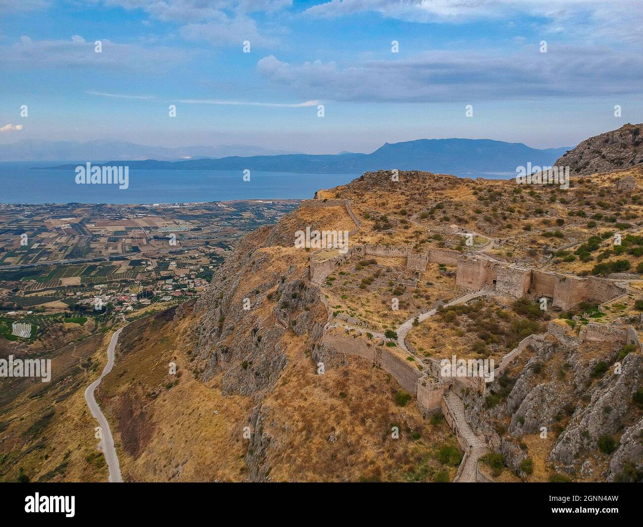 Aerial view of Acrocorinth "Upper Corinth" the acropolis of ancient ...