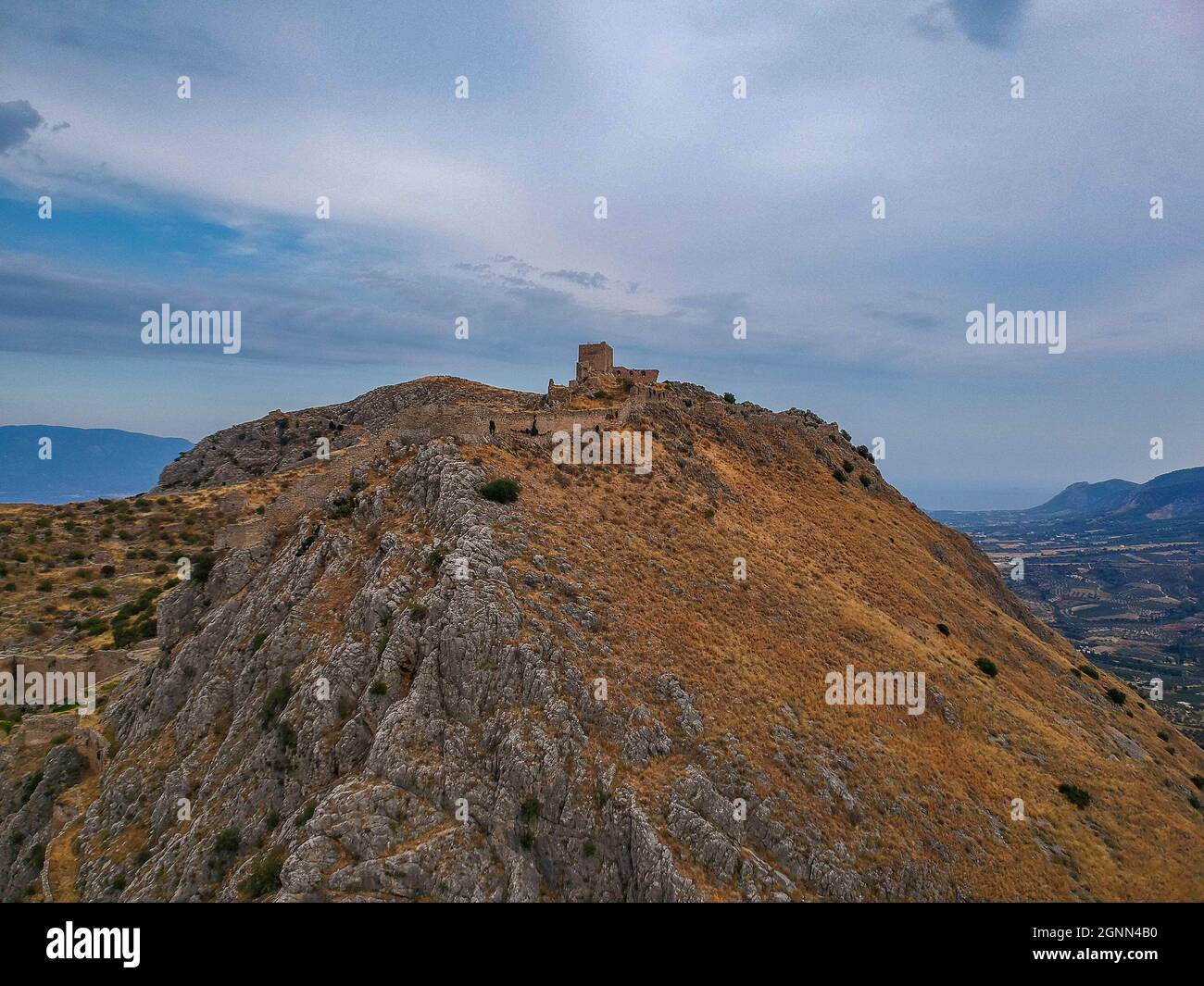 Aerial view of Acrocorinth "Upper Corinth" the acropolis of ancient ...