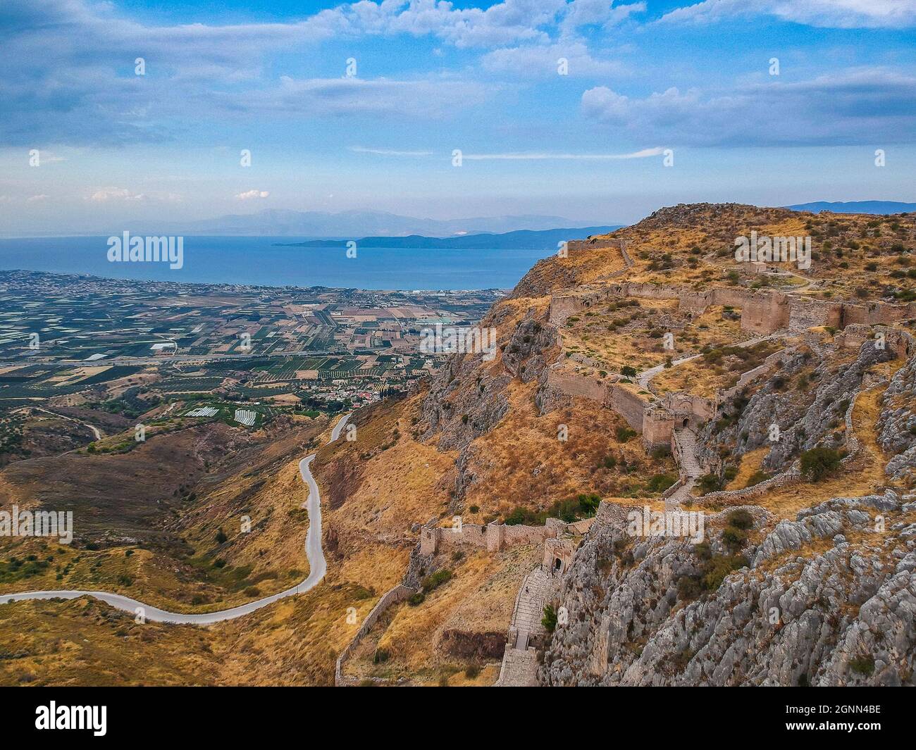 Aerial view of Acrocorinth "Upper Corinth" the acropolis of ancient ...