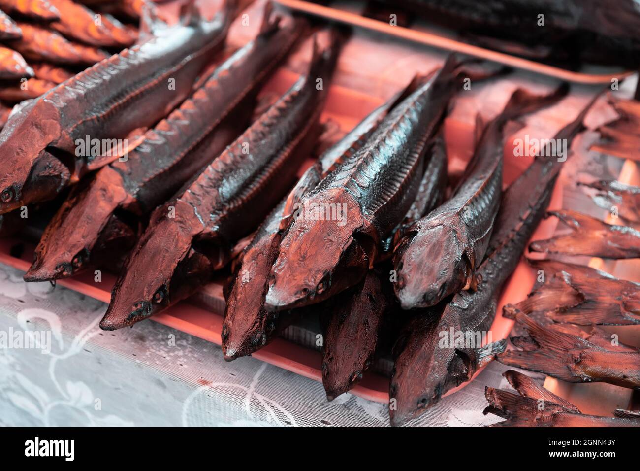 Smoked fish on the shelves of the Volga region Stock Photo - Alamy