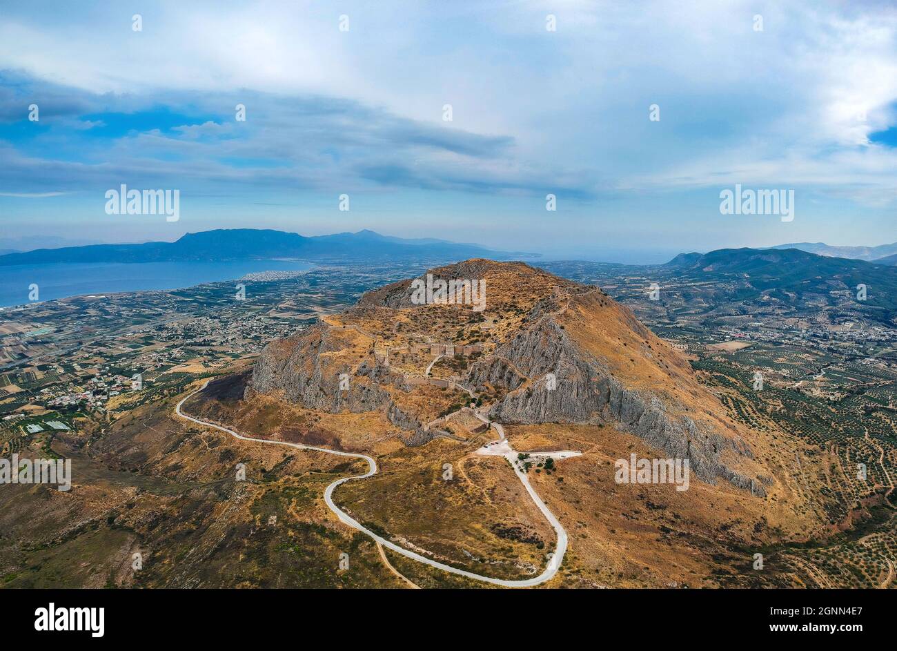 Aerial view of Acrocorinth "Upper Corinth" the acropolis of ancient ...