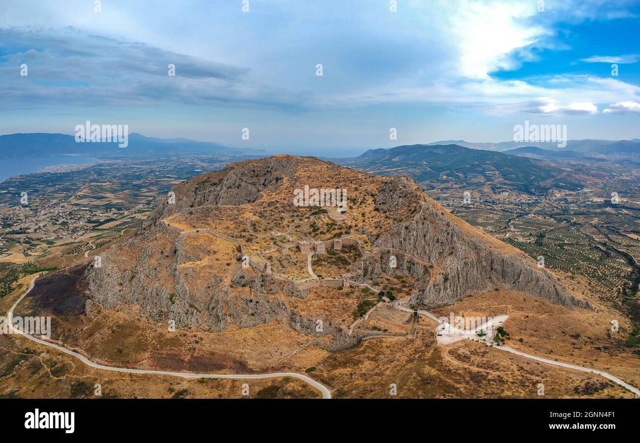 Aerial view of Acrocorinth "Upper Corinth" the acropolis of ancient ...