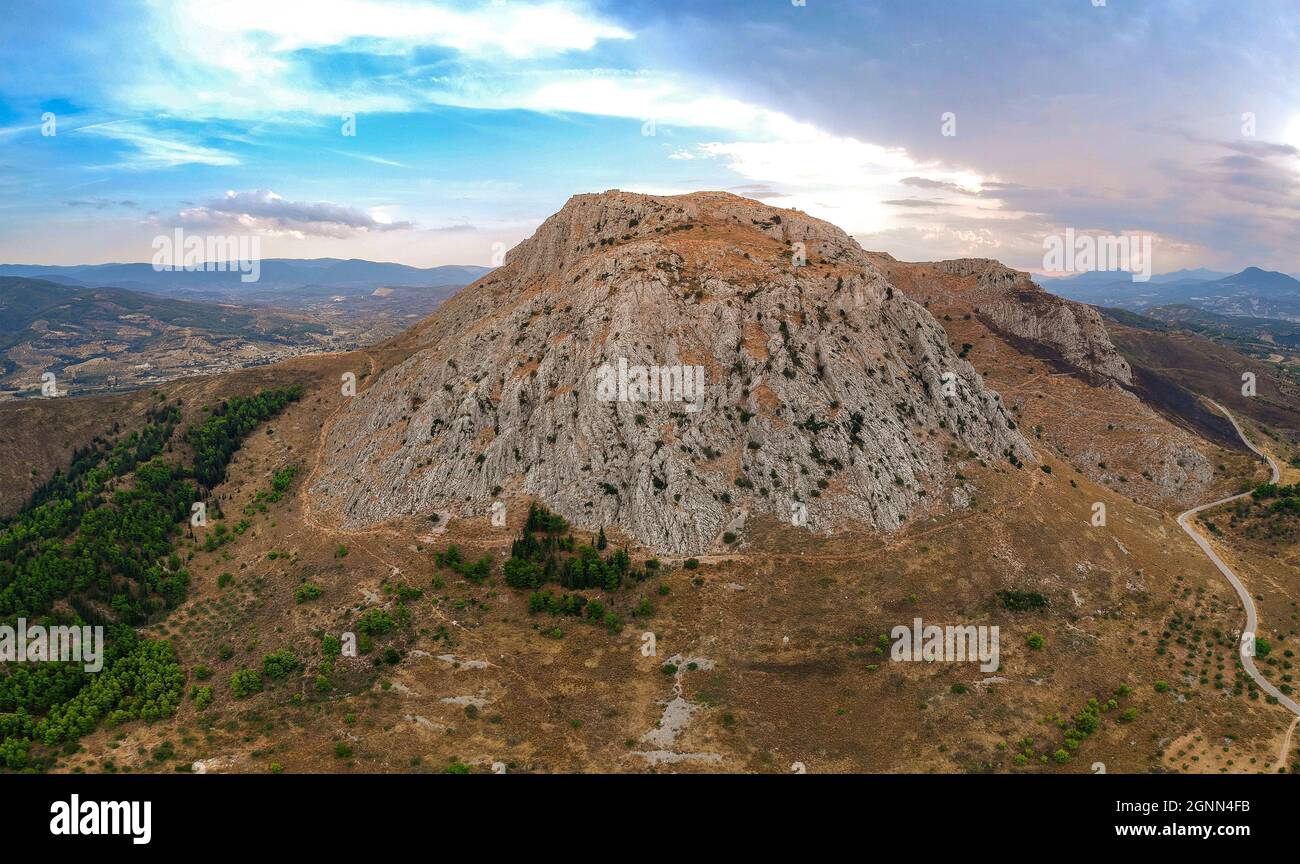Aerial view of Acrocorinth "Upper Corinth" the acropolis of ancient ...