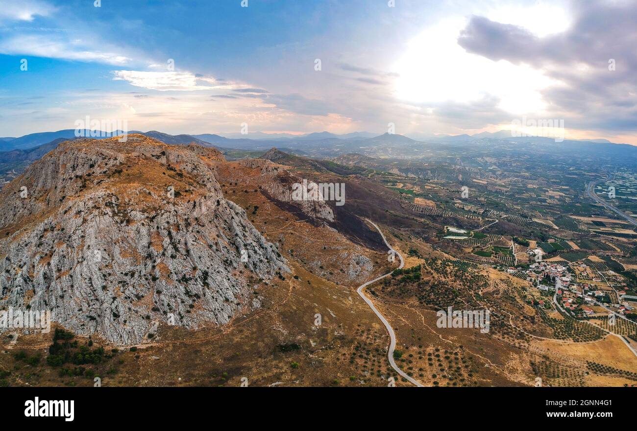 Aerial view of Acrocorinth "Upper Corinth" the acropolis of ancient ...