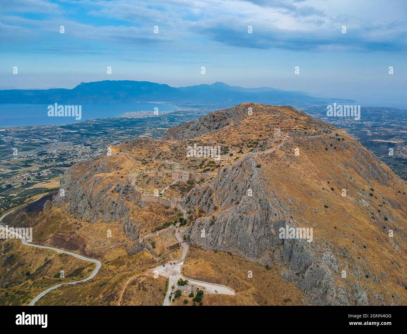Aerial view of Acrocorinth "Upper Corinth" the acropolis of ancient ...