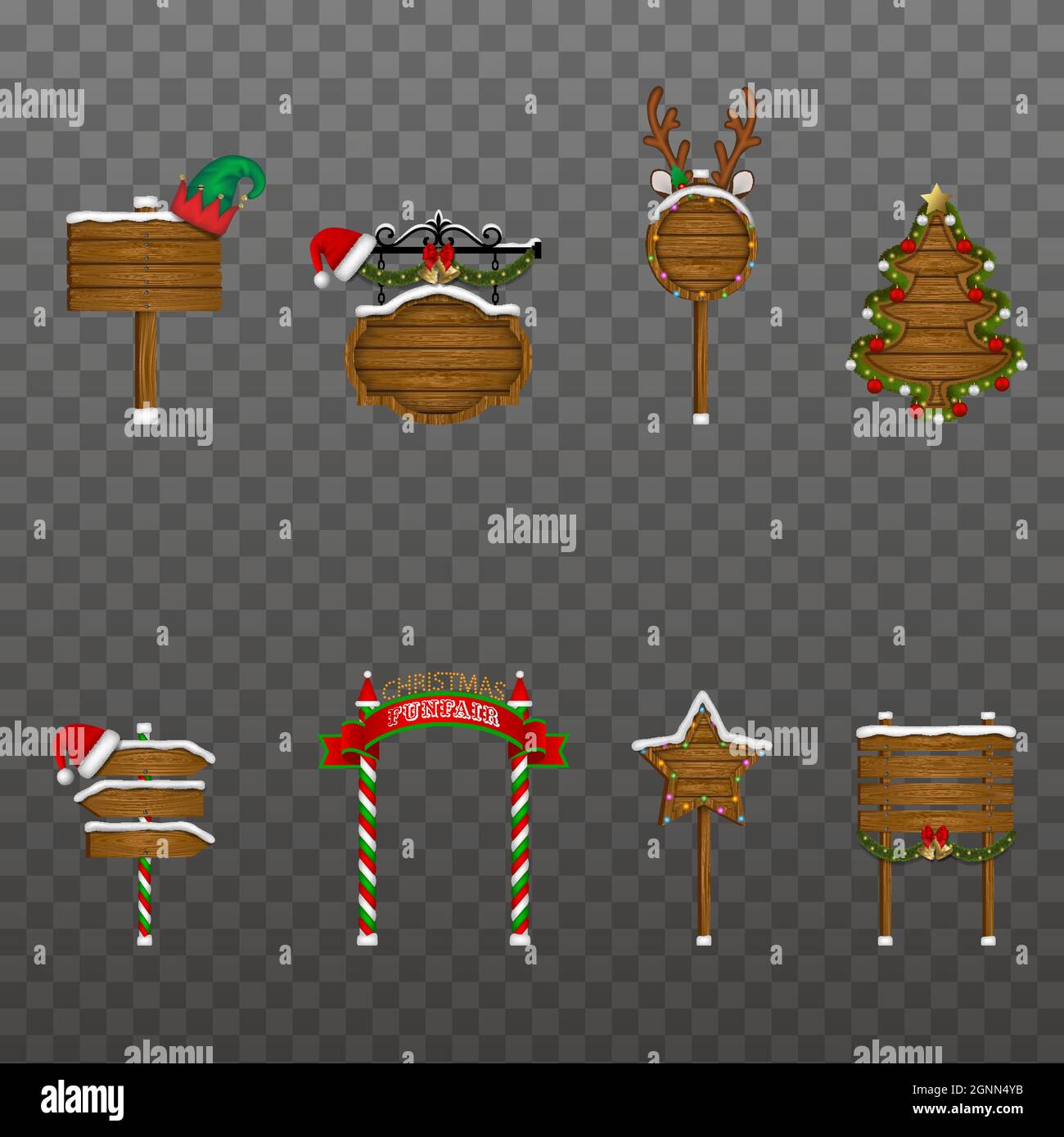 Set of christmas road signs and wooden signboards with decorations and ...