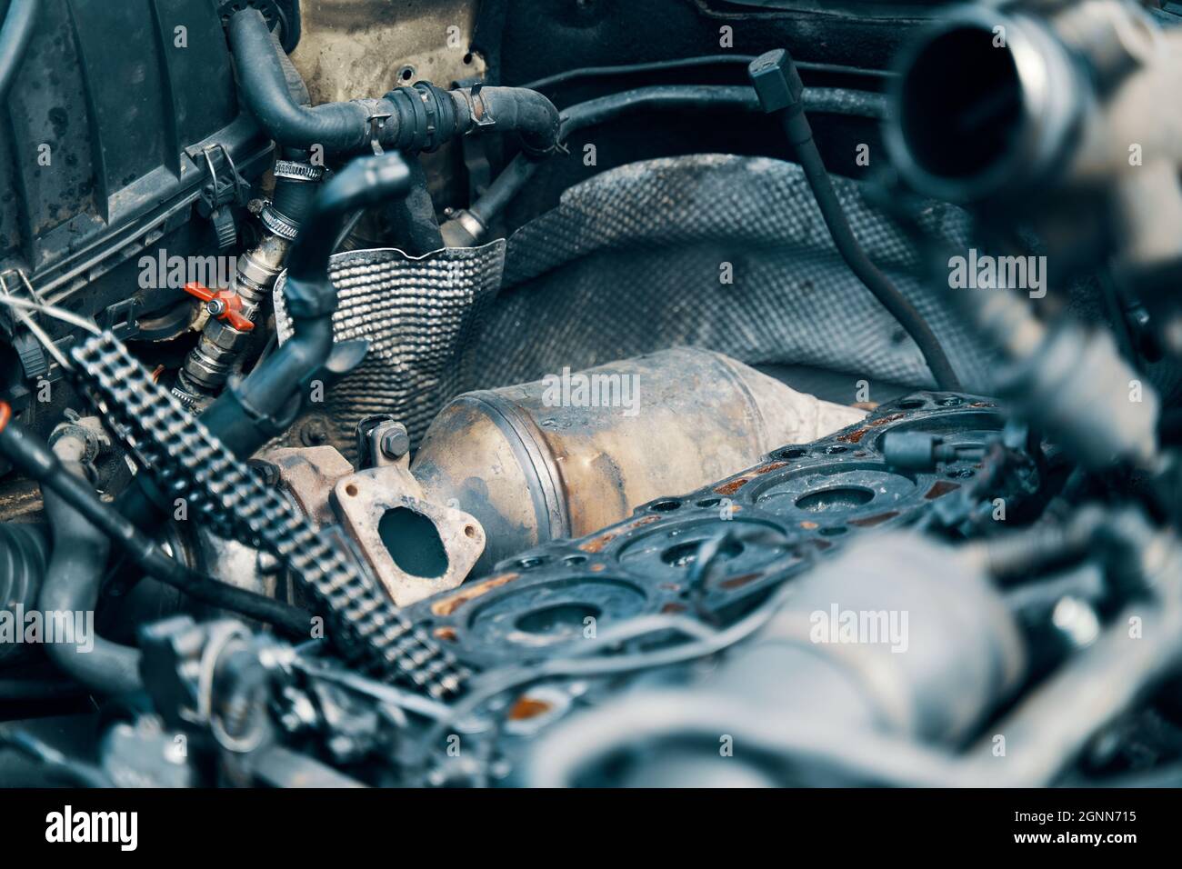 Diesel particulate filter. DPF under the hood near with a semi ...