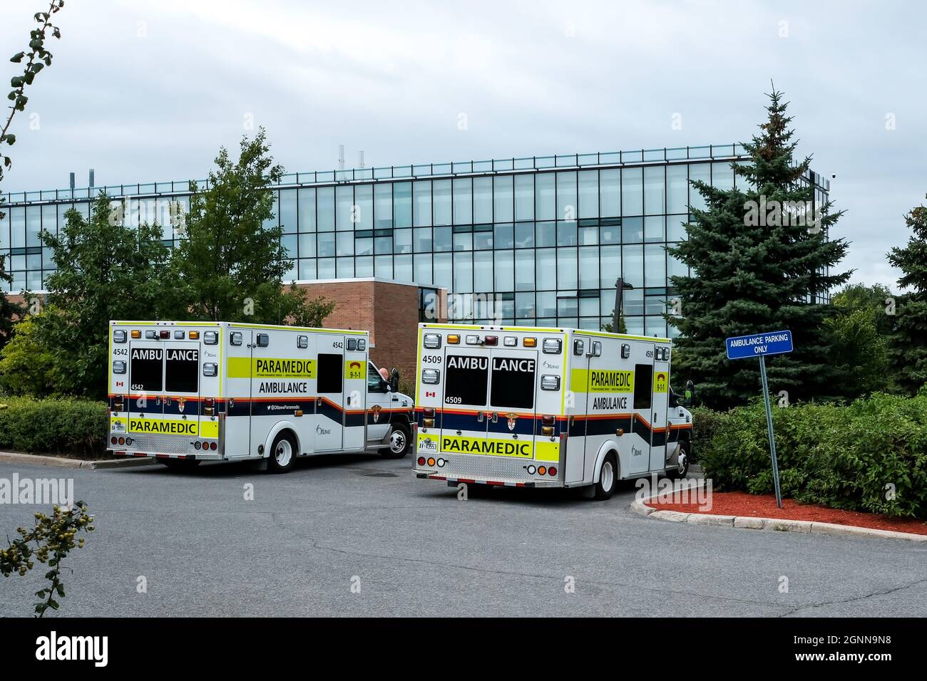 Ottawa, Ontario, Canada - September 2, 2021: Two ambulances are parked ...